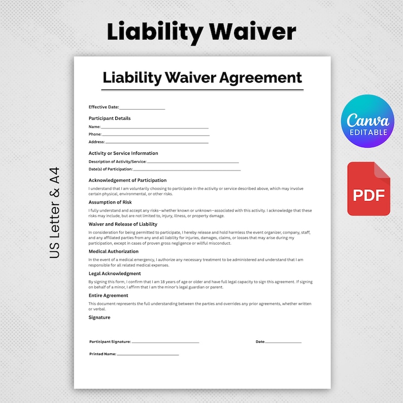 Simple Liability Waiver Agreement,editable Liability Release,release of ...