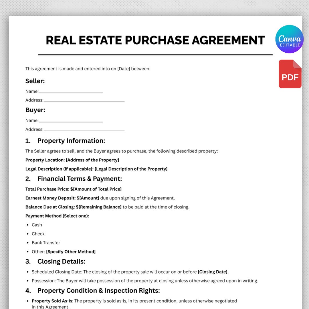 Real Estate Sale Contract Template, Editable Property Sale Agreement ...