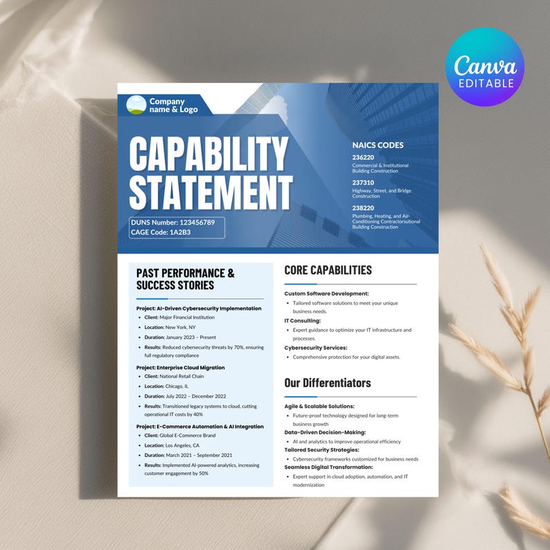 Capability Statement Template Canva, Corporate Flyer, Editable Business Capability Statement ...
