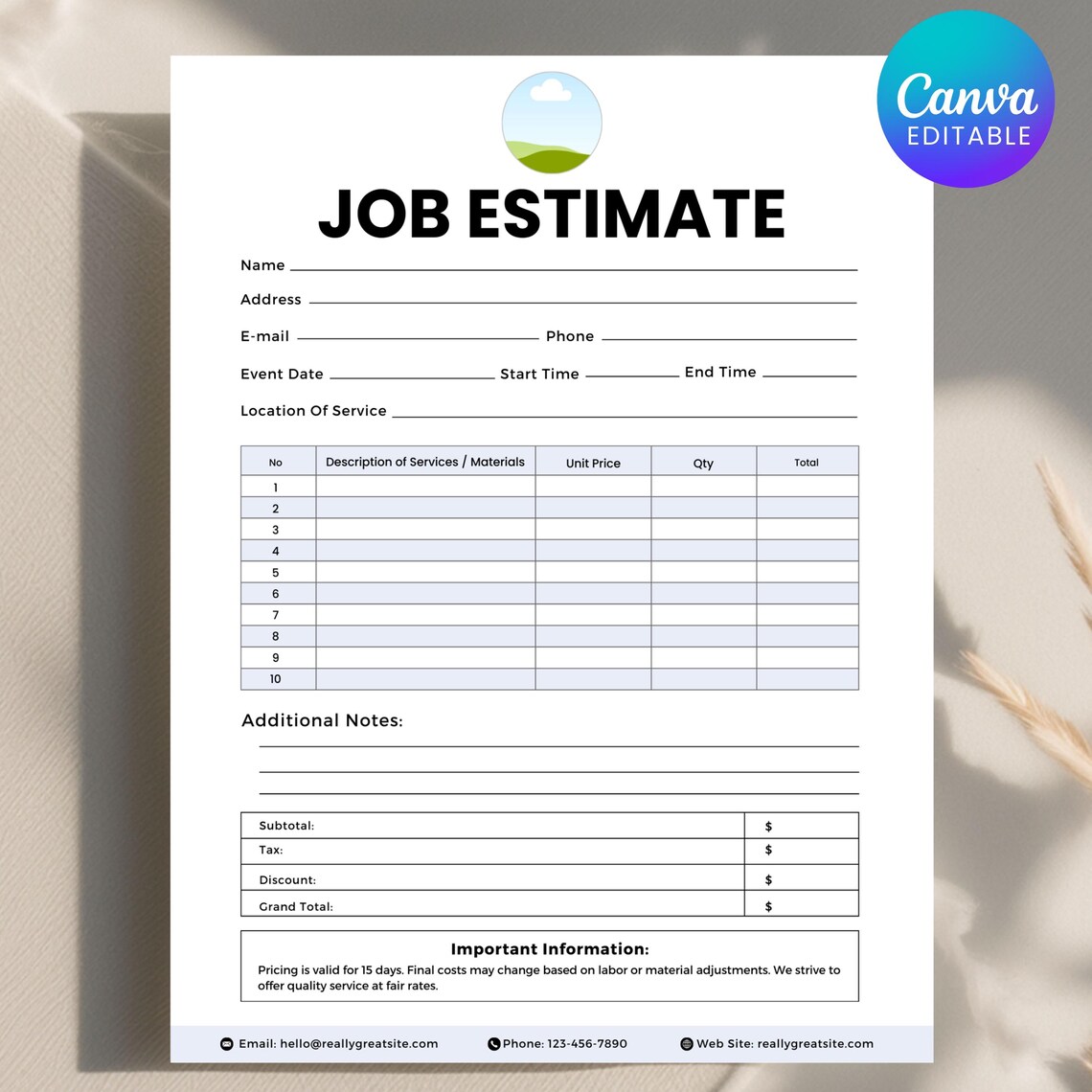 Job Estimate Template, Contractor Estimate Template, Job Estimate Form ...