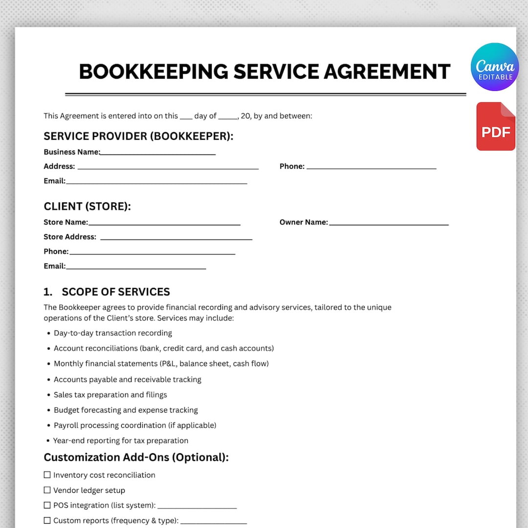 Bookkeeping Contract Template,bookkeeping Form,business Bookkeeping ...
