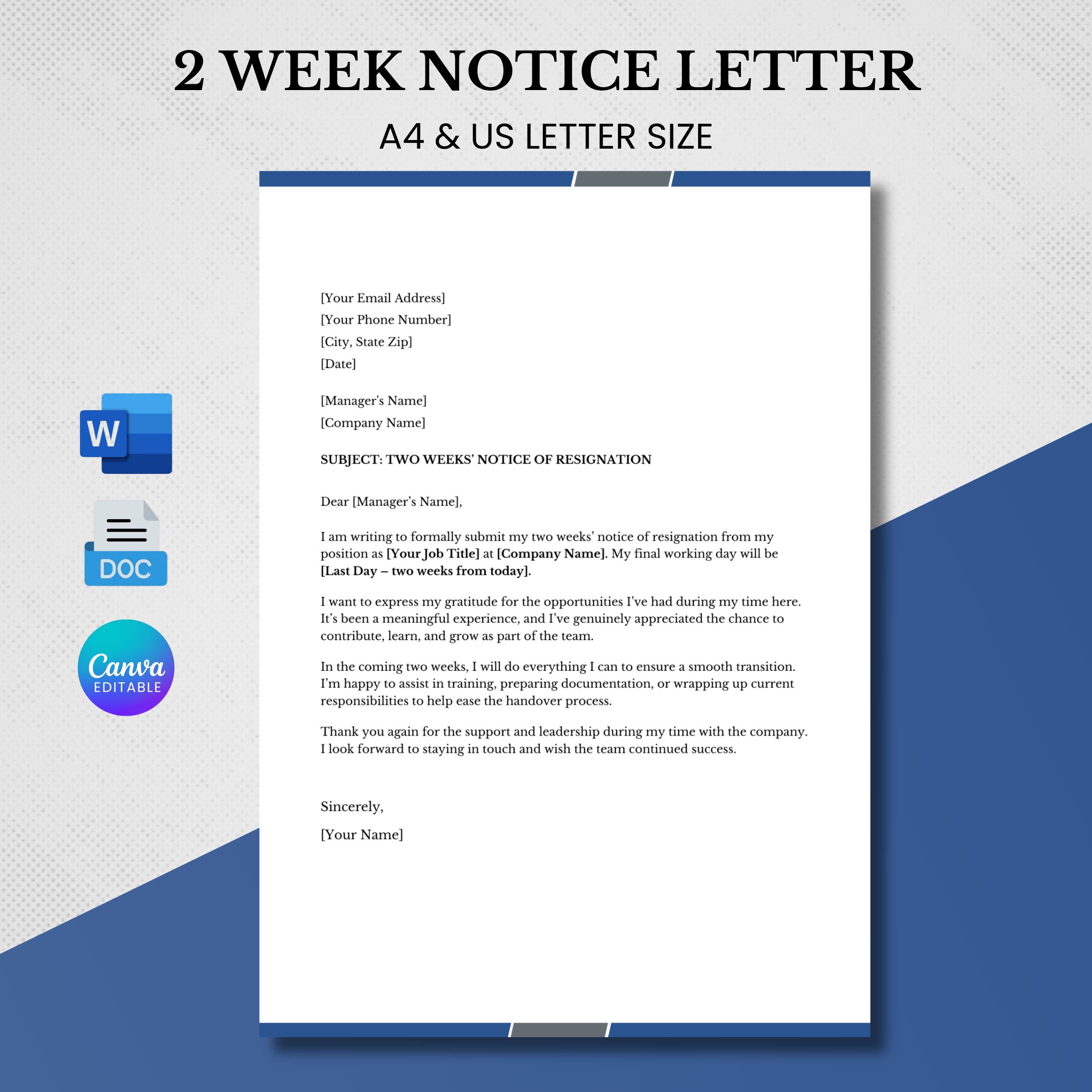 2 Weeks Notice Letter, Two Weeks Notice Letter, Professional Notice ...