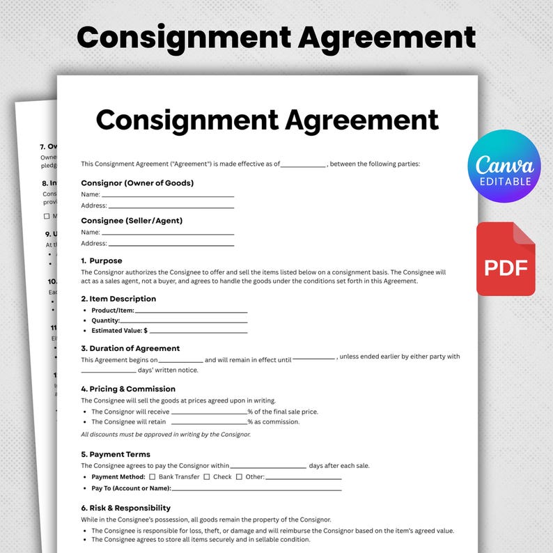 Editable Consignment Agreement Template, Consignment Template ...
