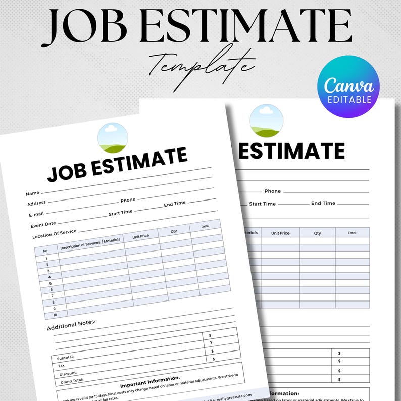 Job Estimate Template, Contractor Estimate Template, Job Estimate Form ...