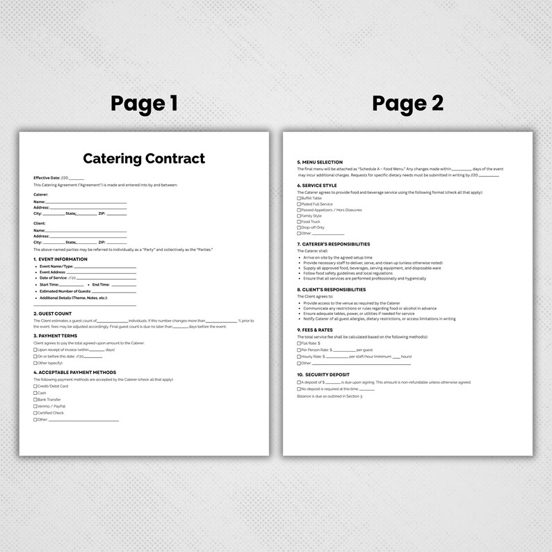 Catering Contract Template, Catering Service Contract, Catering Order ...
