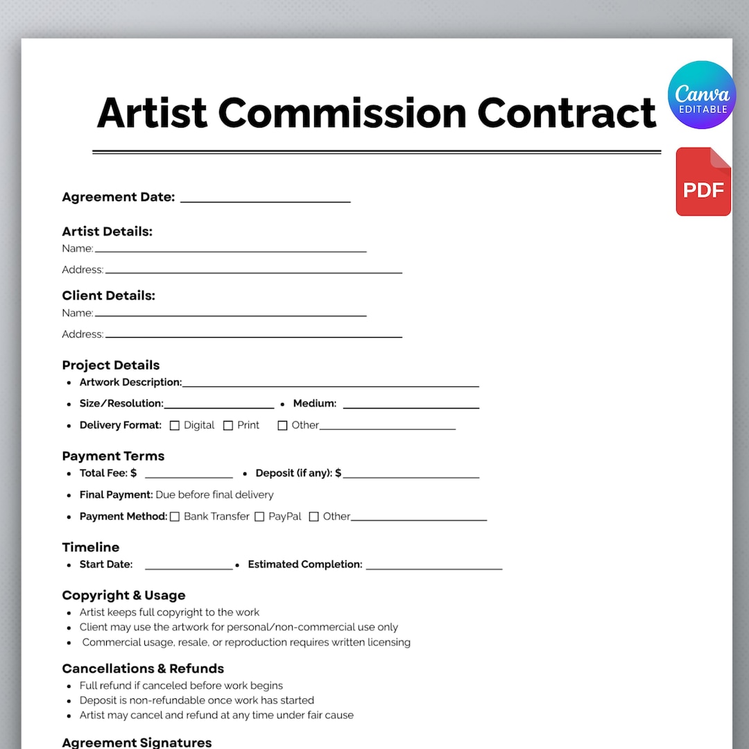 One Page Artist Commission Contract, Editable Commission Contract ...