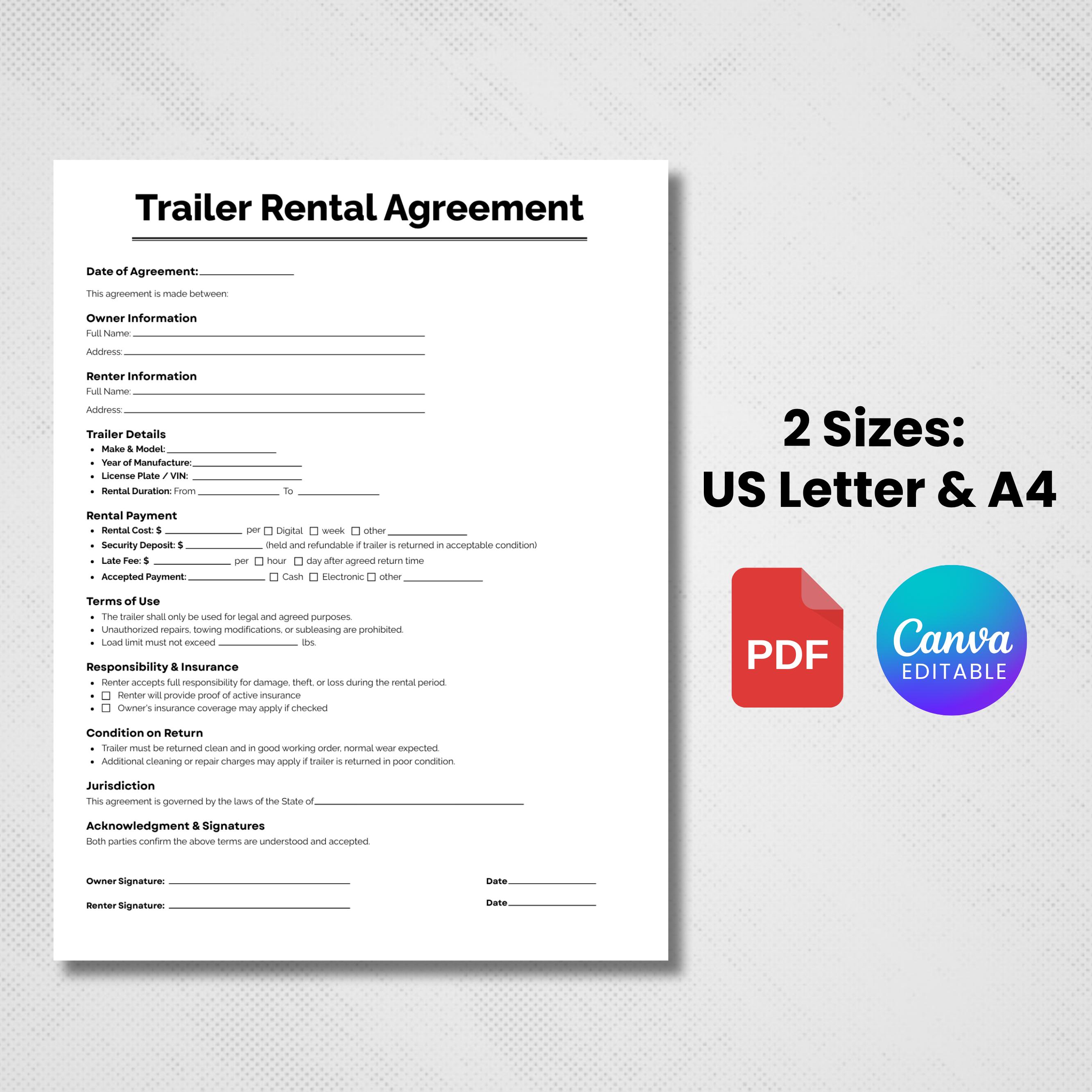 One Page Trailer Rental Agreement, Trailer Rental Agreement,trailer ...