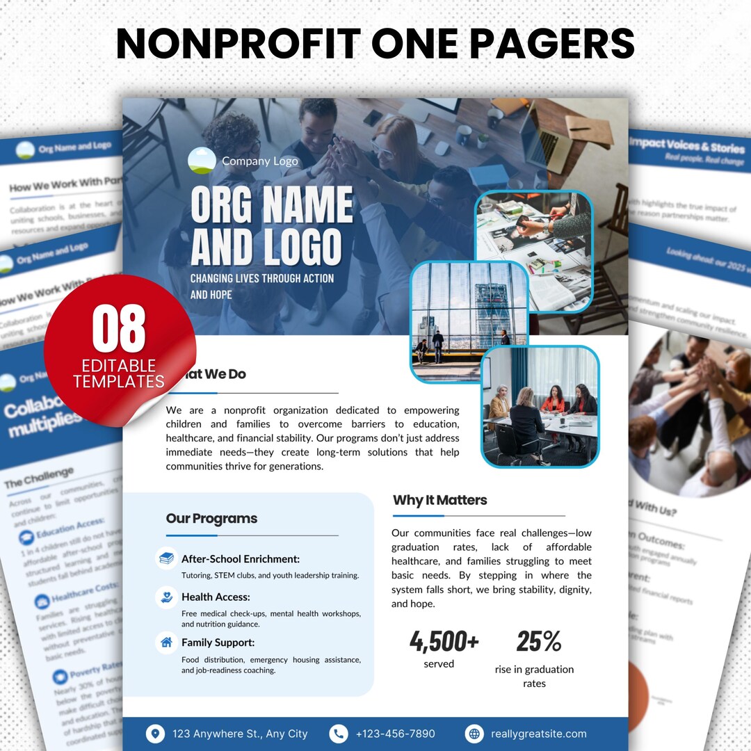 One Pager Nonprofit Canva Templates, Editable Impact Report, Corporate ...