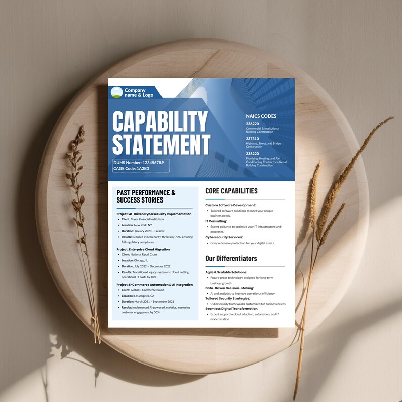 Capability Statement Template Canva, Corporate Flyer, Editable Business Capability Statement ...