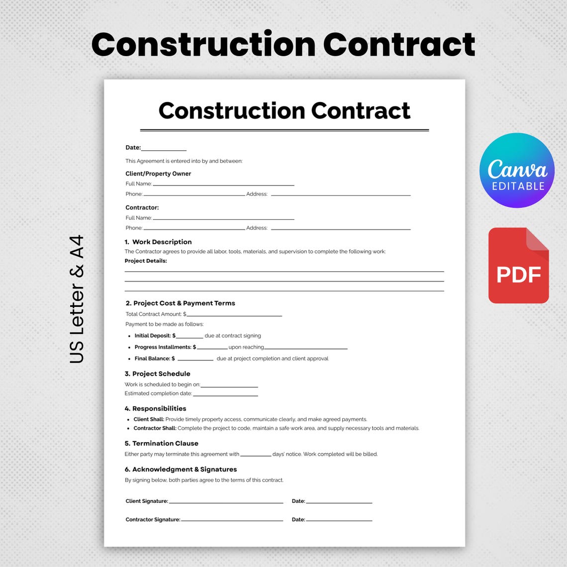 Editable Construction Contract Agreement Template, Construction ...