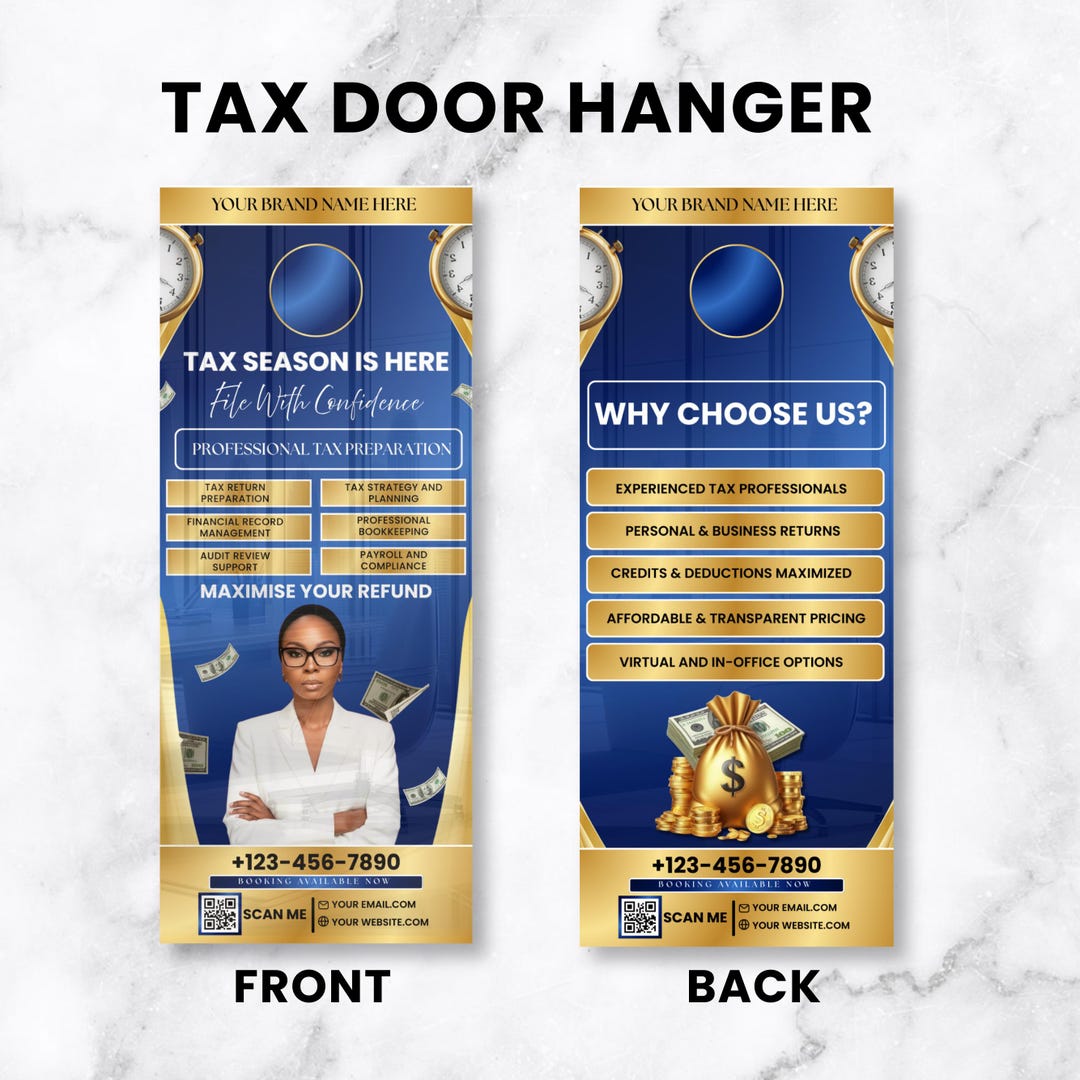 Tax Door Hanger Template, Tax Preparer Gold and Blue Banner, Tax Season ...