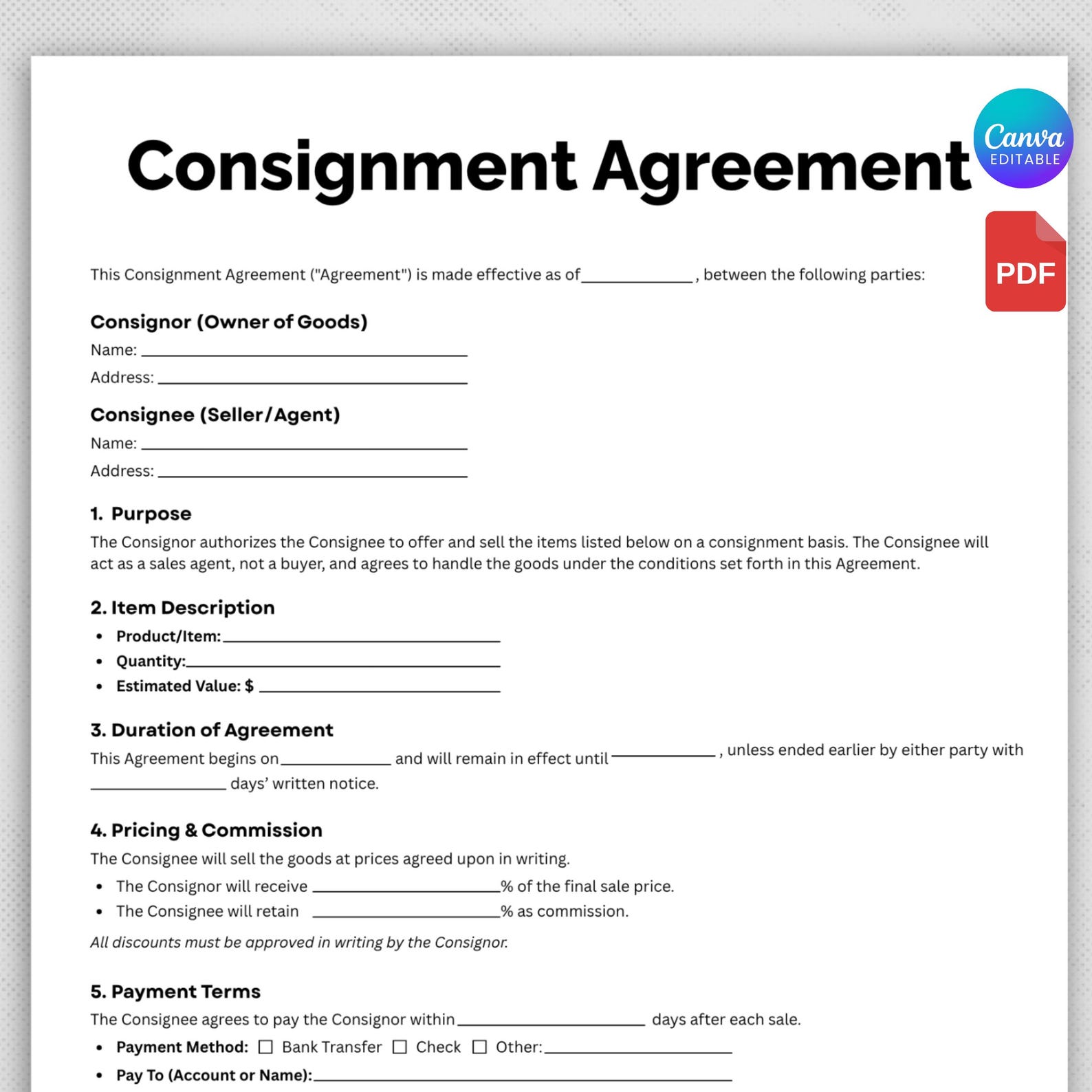 Editable Consignment Agreement Template, Consignment Template,consignment Form ,reseller ...