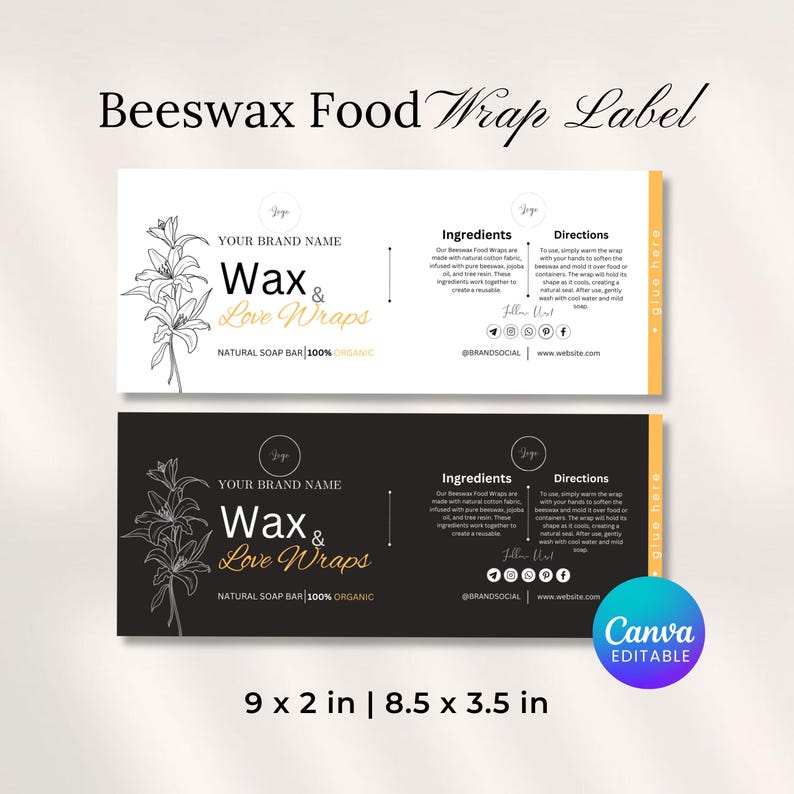 Beeswax Food Wrap Label Canva Template, Bees Wax Wrap Band Label ...