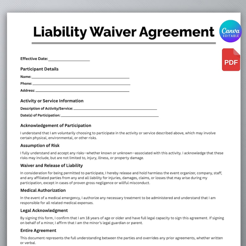 Simple Liability Waiver Agreement,editable Liability Release,release of Liability,printable ...
