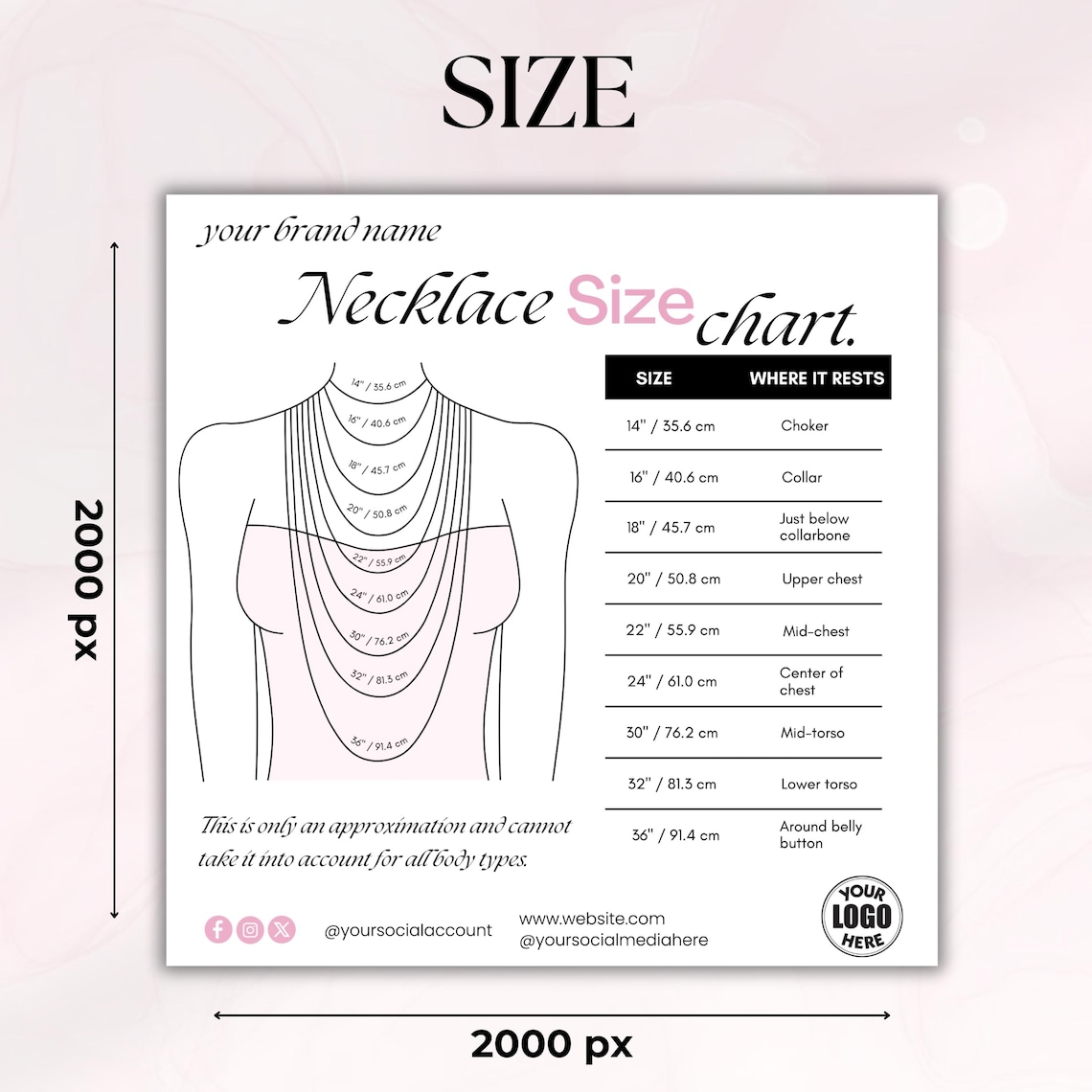 Necklace Size Guide Template, Size Chart for Necklace Display, Necklace ...