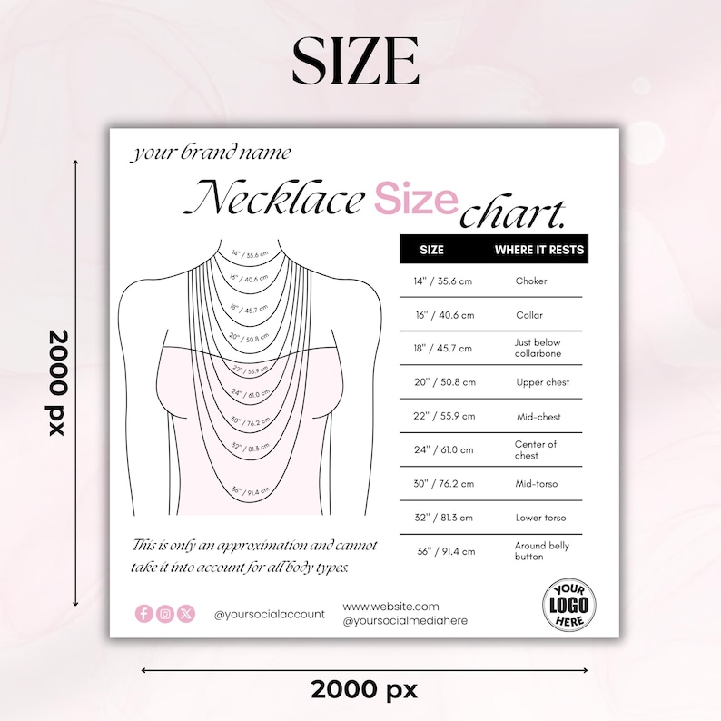 Necklace Size Guide Template, Size Chart for Necklace Display, Necklace ...