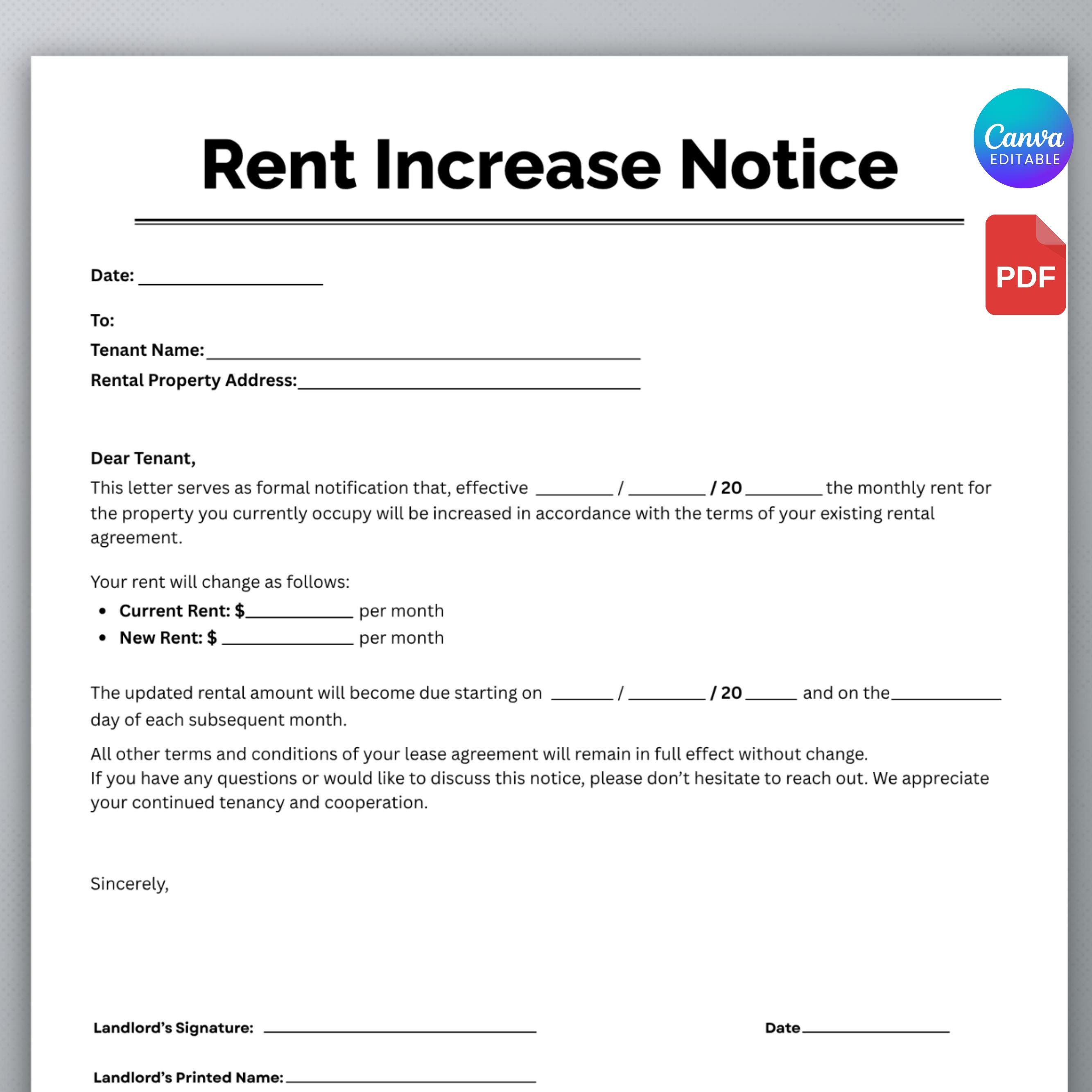Printable Rental Increase Notice, Rental Increamental Form, Rent ...