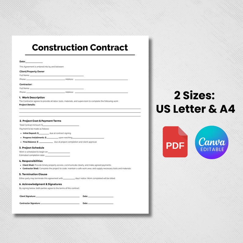 Editable Construction Contract Agreement Template, Construction ...