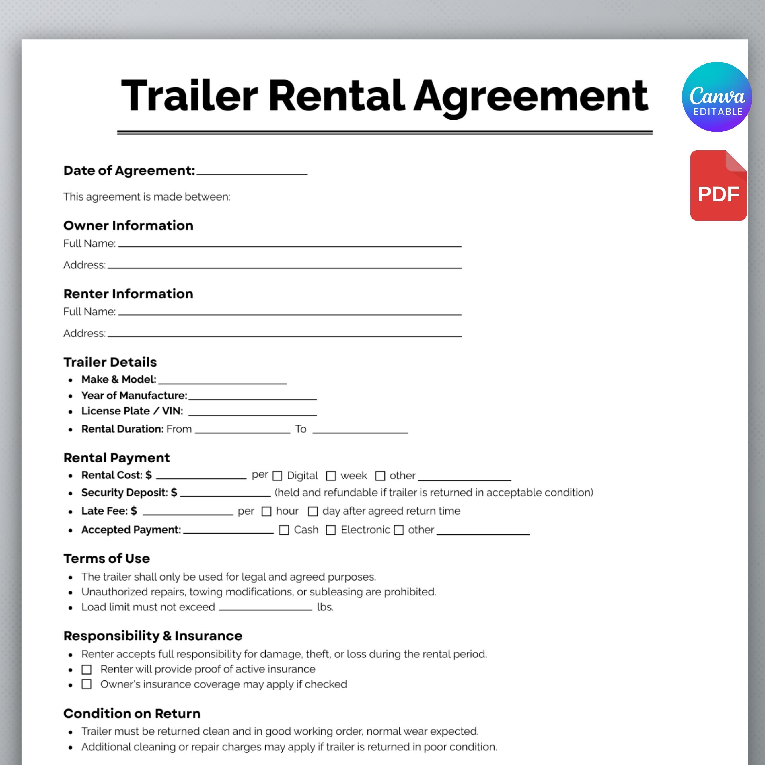 One Page Trailer Rental Agreement, Trailer Rental Agreement,trailer ...