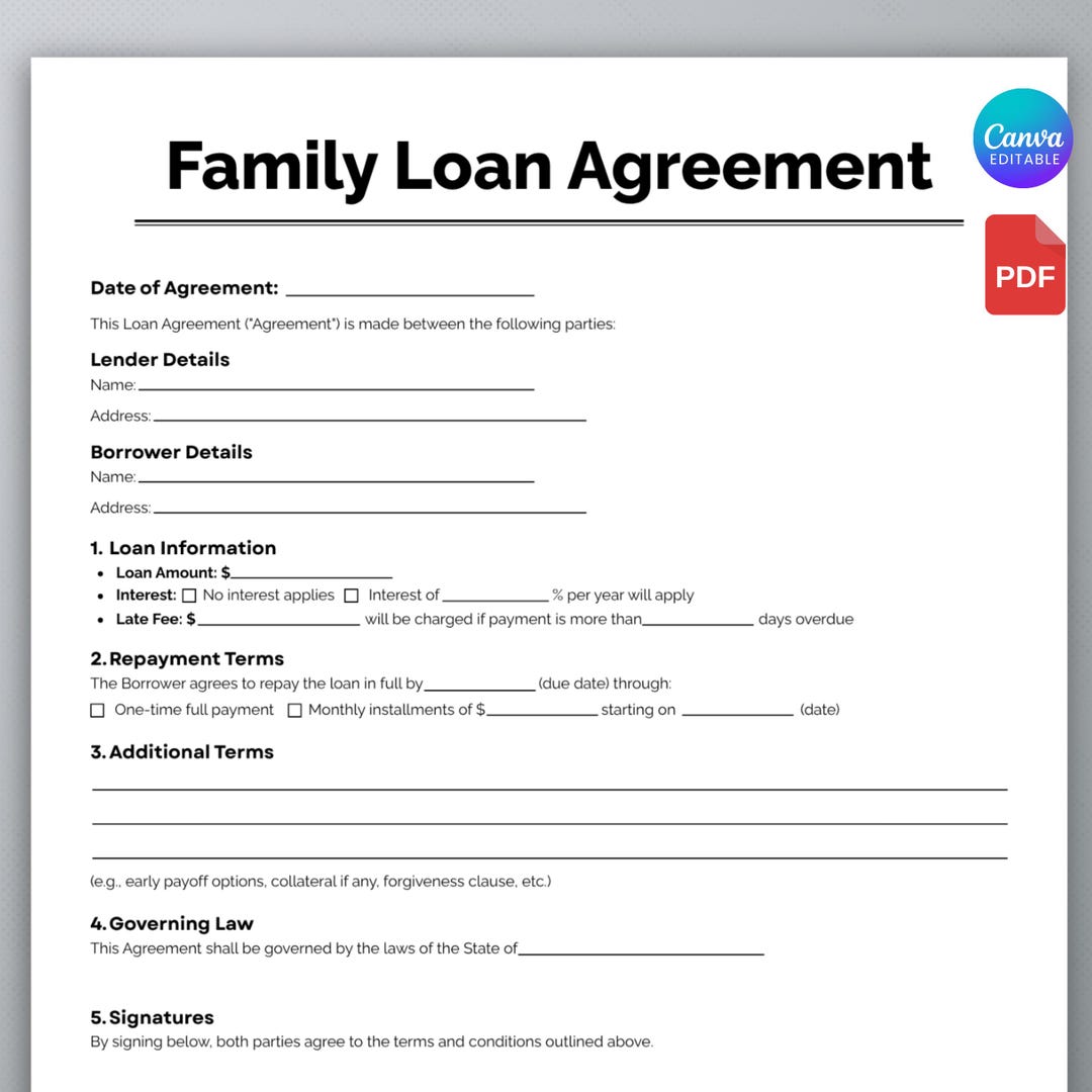 One Page Family Loan Agreement, Family Loan Agreement, Family Contract ...