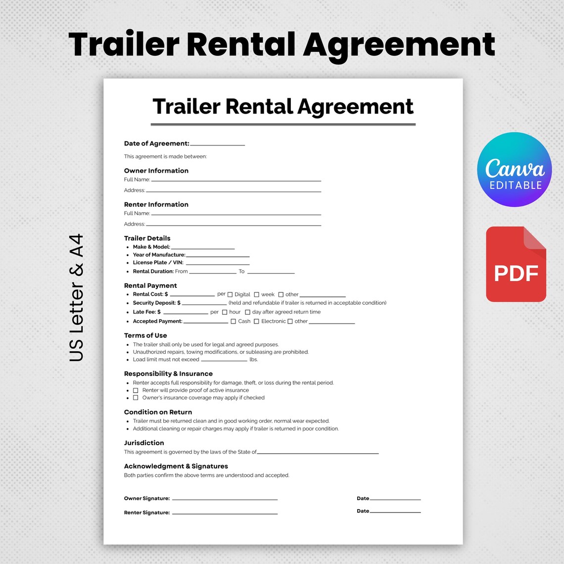 One Page Trailer Rental Agreement, Trailer Rental Agreement,trailer ...