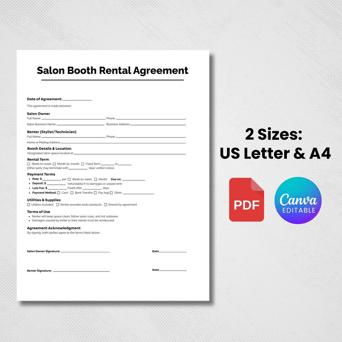 Editable Salon Booth Rental Agreement Template, Customizable Booth ...