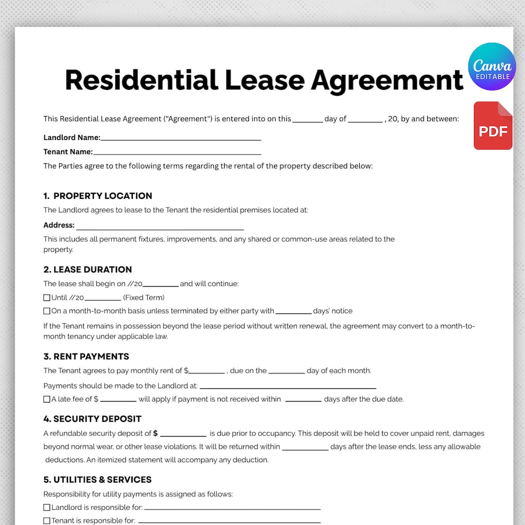 Printable Residential Lease Agreement, Editable Rental Agreement Form ...