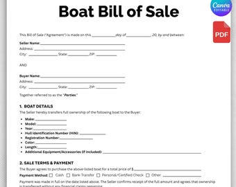 One Page Boat Bill of Sale, Editable Transfer Ownership Sale Form ...