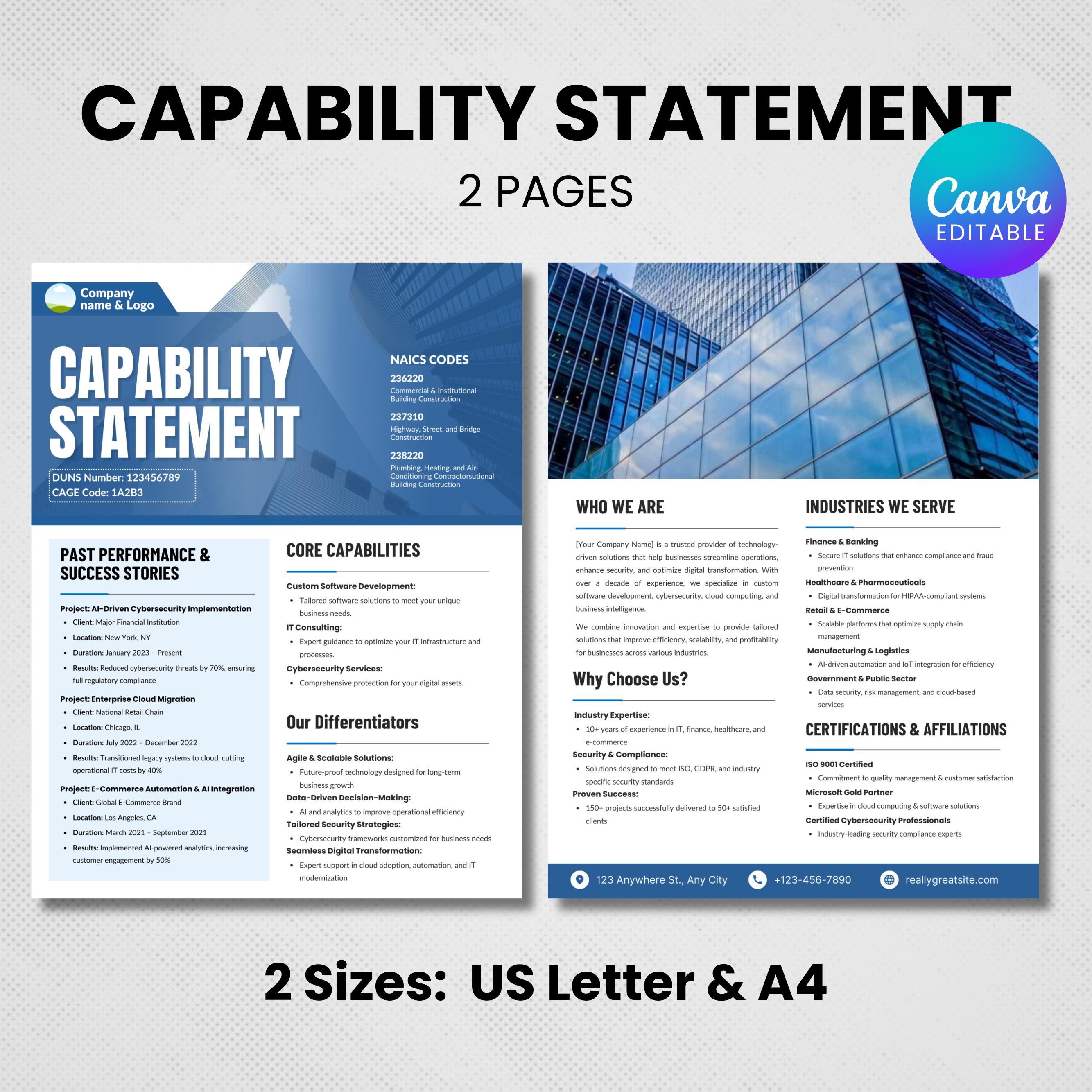 Capability Statement Template Canva, Corporate Flyer, Editable Business ...