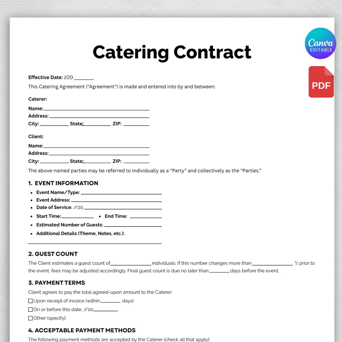 Catering Contract Template, Catering Service Contract, Catering Order ...