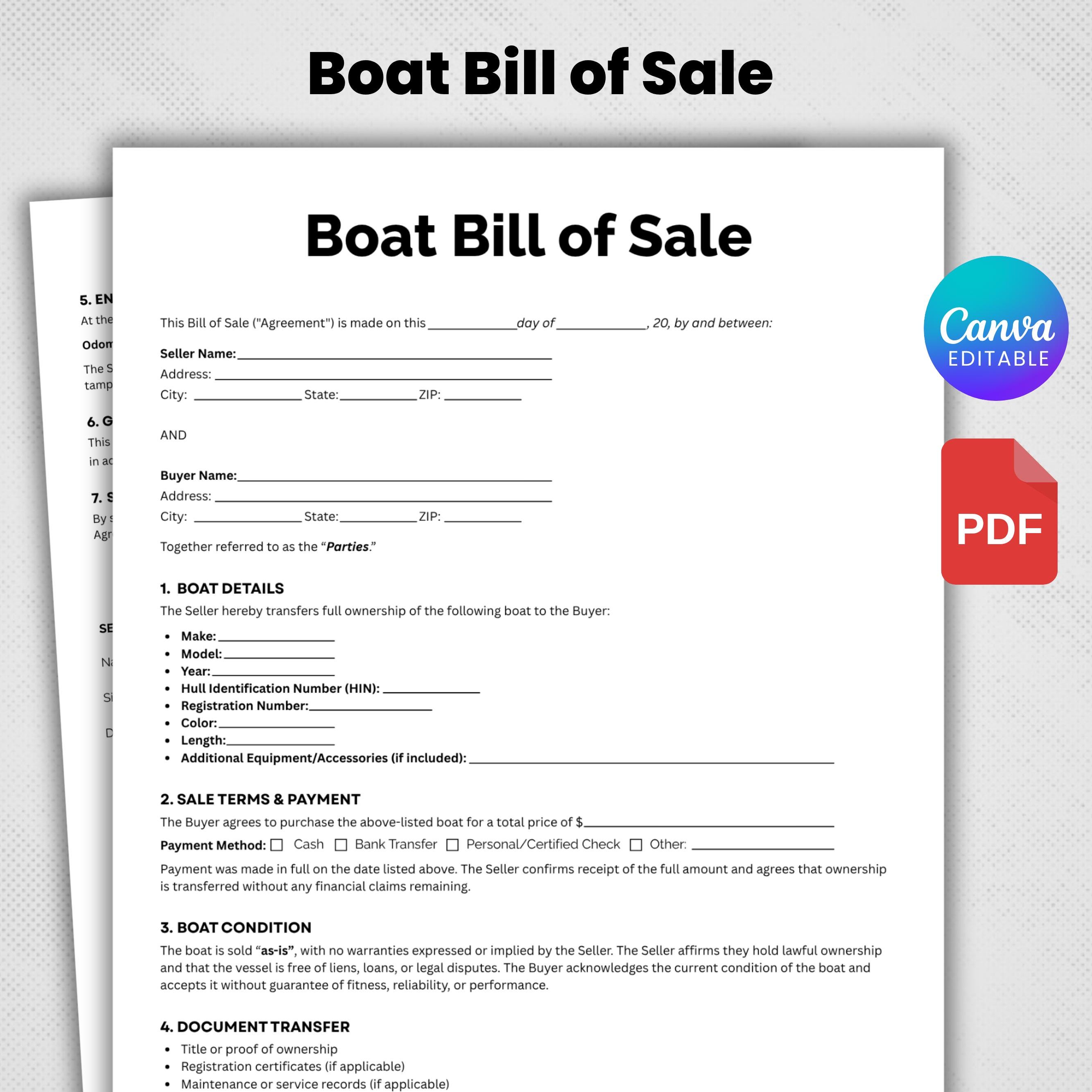 Boat Bill of Sale, Customizable Private Ship Sale Form Template ...