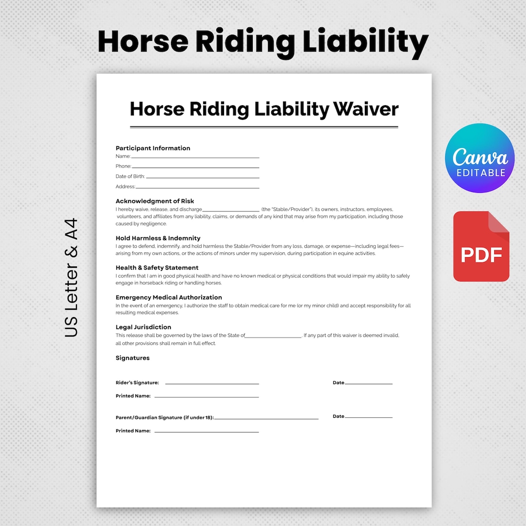 One Page Horse Riding Liability Waiver, Editable Equine Waiver Form ...