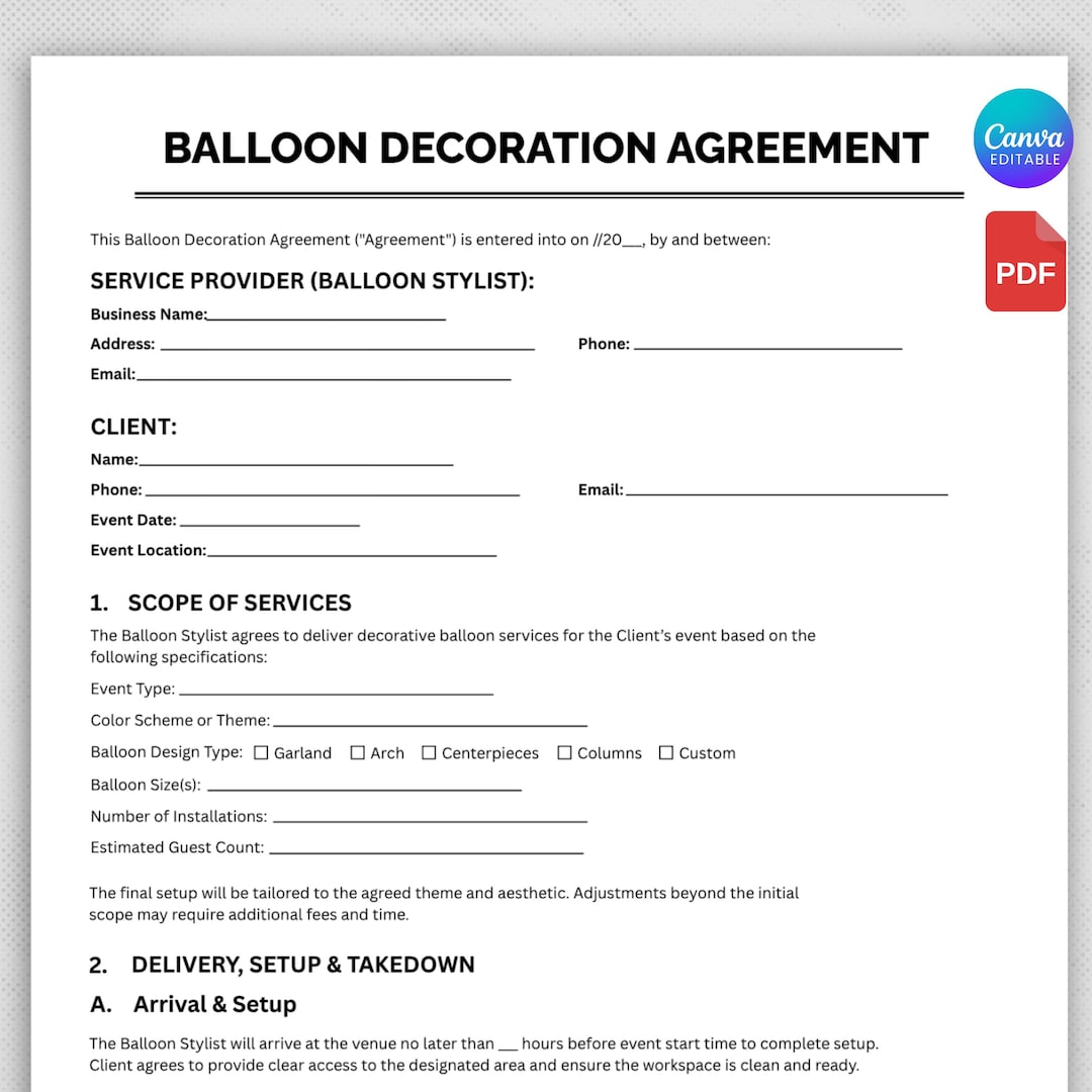 Editable Balloon Decor Contract Template, Balloon Decoration Service ...