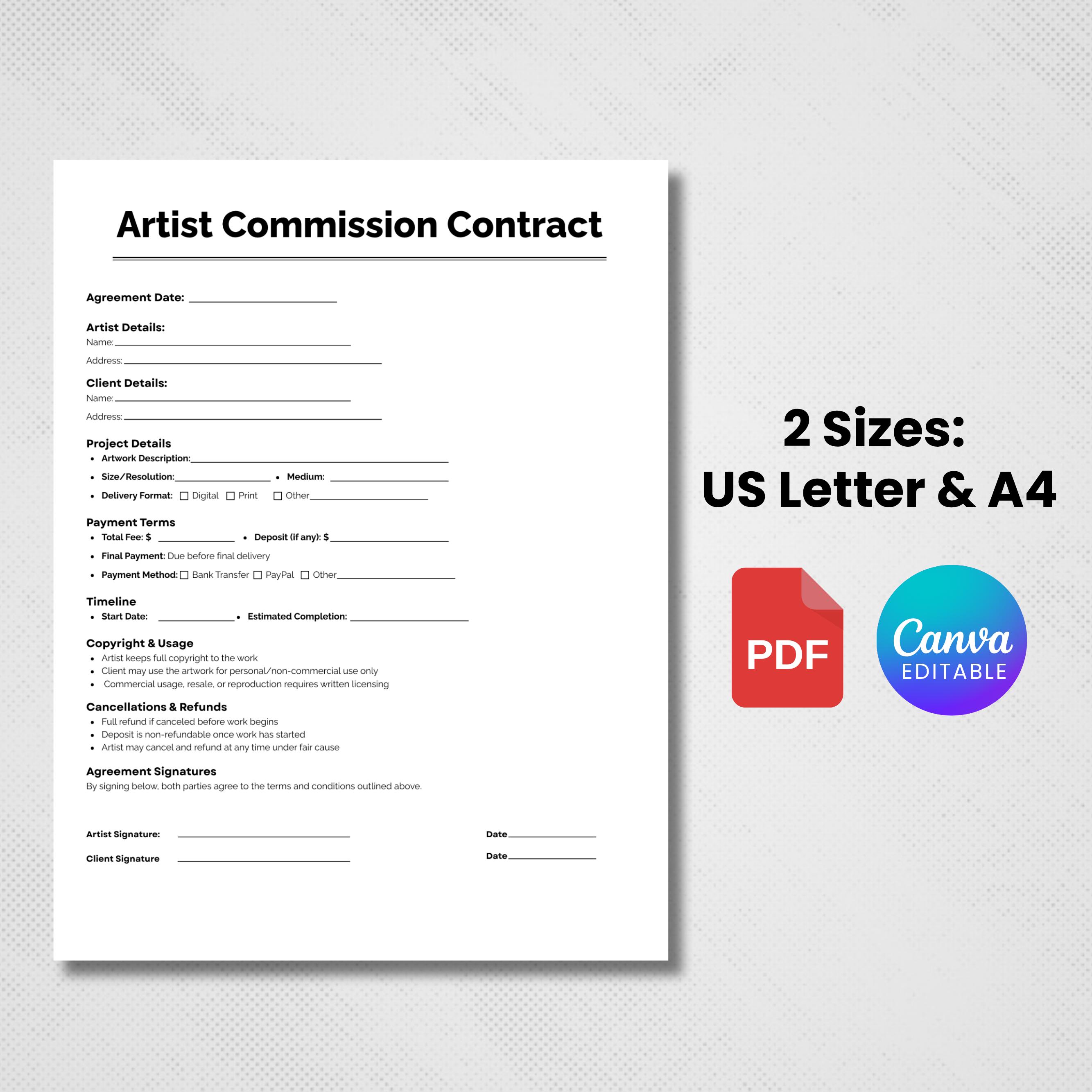 One Page Artist Commission Contract, Editable Commission Contract ...