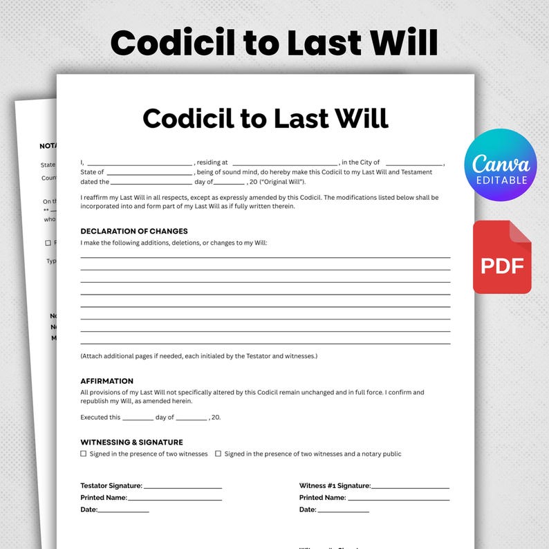 Will Codicil, Will Codicil Template, Will Codicil Forms, Codicil Contract, Codicil Canva ...