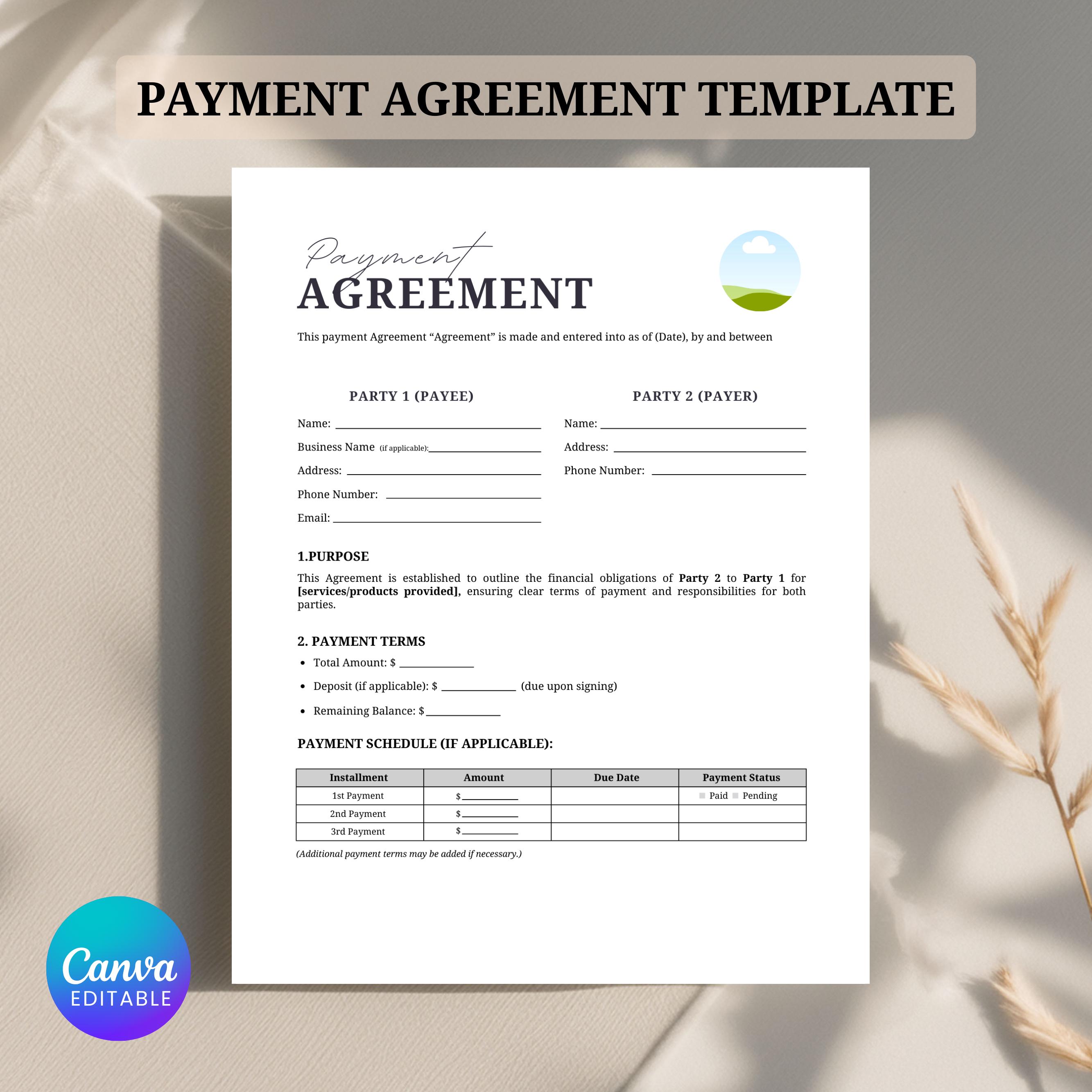 Payment Agreement Contract Template, Agreement Template, Payment ...
