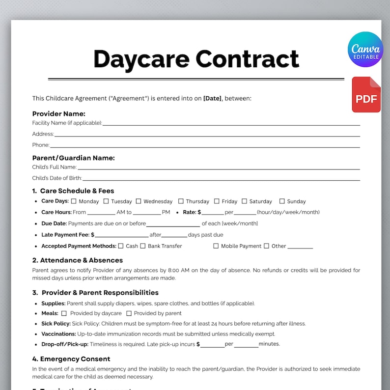 One Page Daycare Contract Template, Editable Daycare Forms, Daycare ...