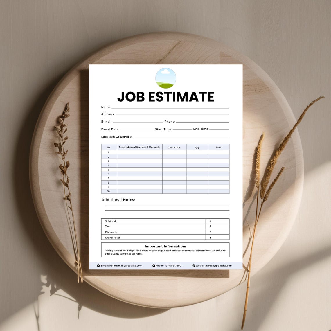 Job Estimate Template, Contractor Estimate Template, Job Estimate Form ...
