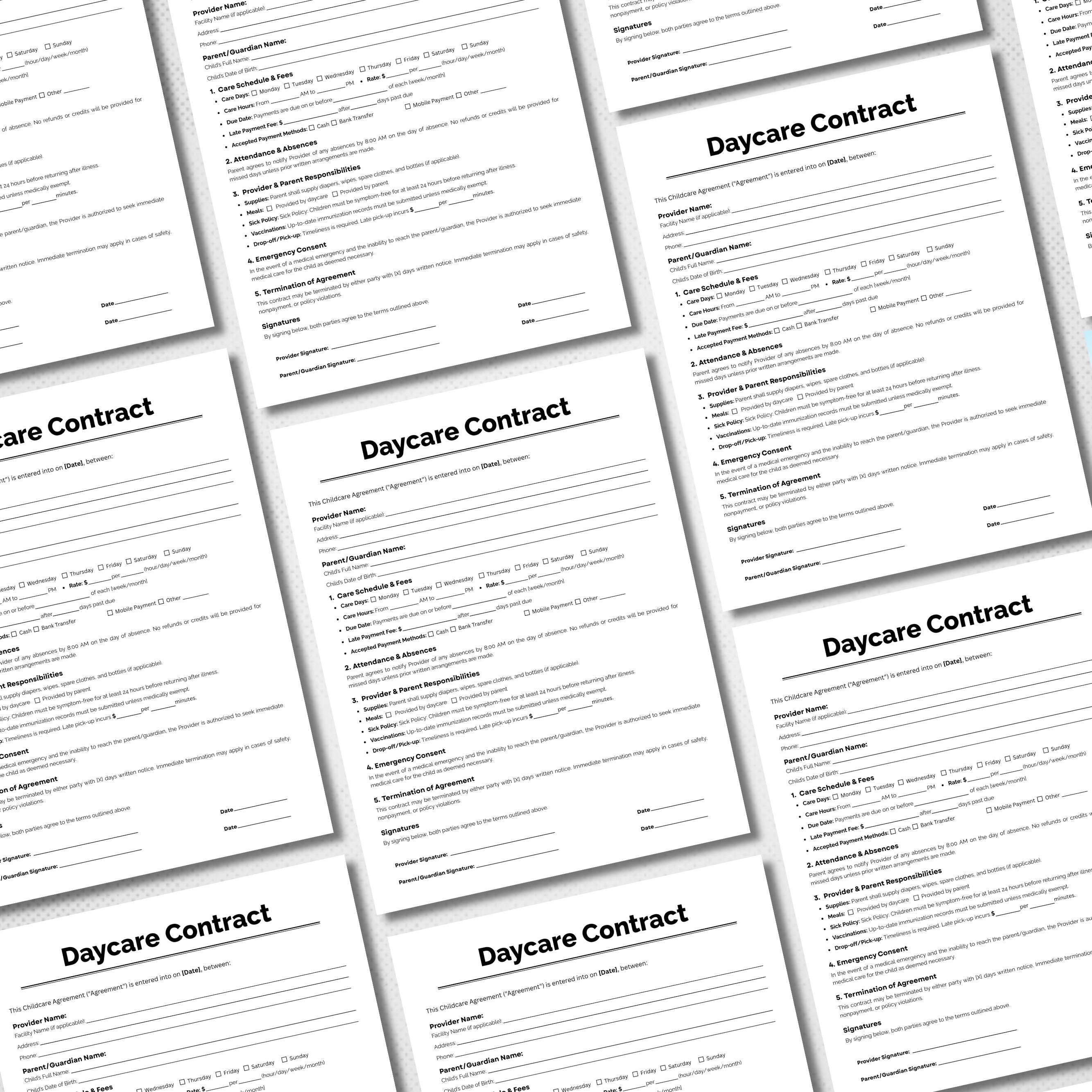 One Page Daycare Contract Template, Editable Daycare Forms, Daycare ...