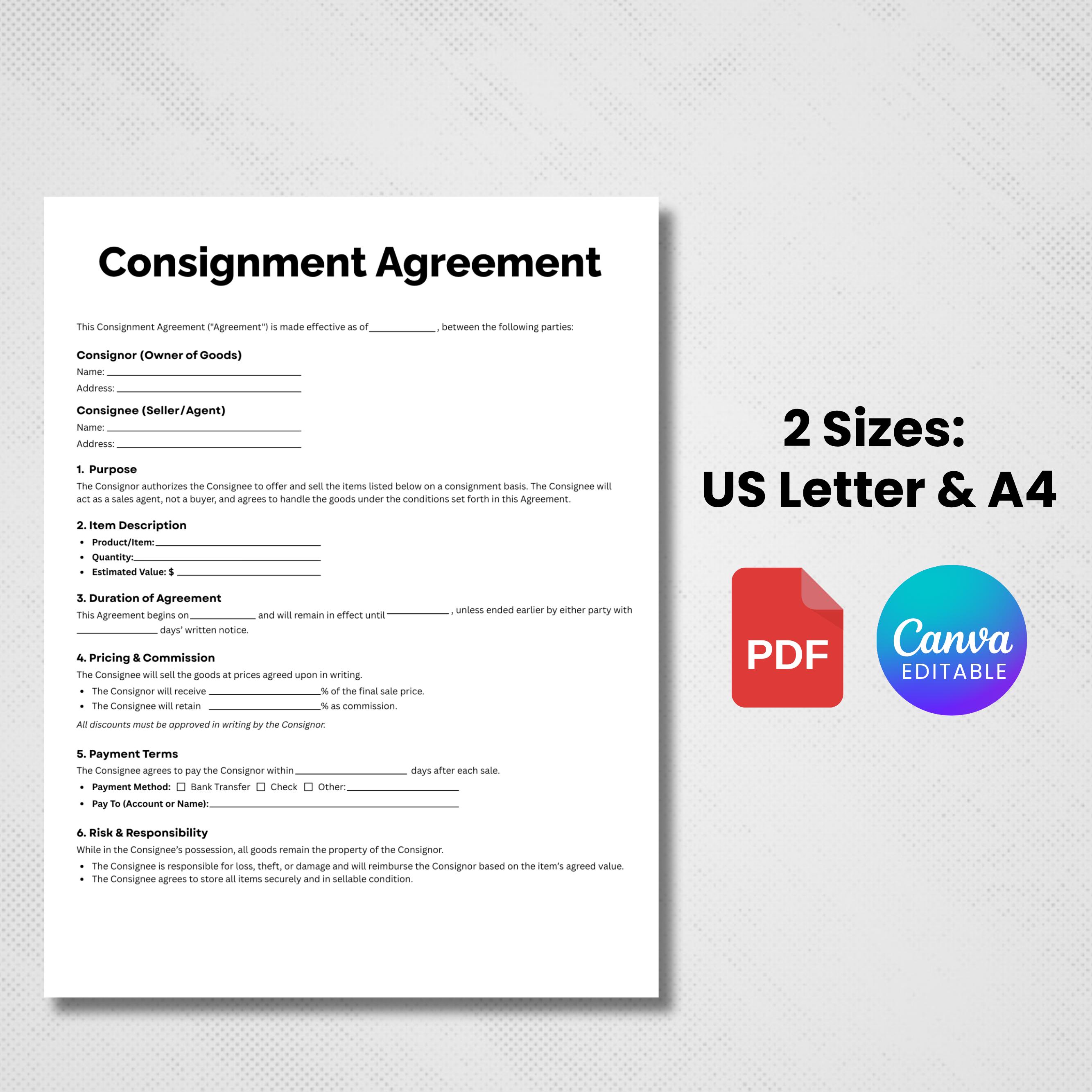 Editable Consignment Agreement Template, Consignment Template ...