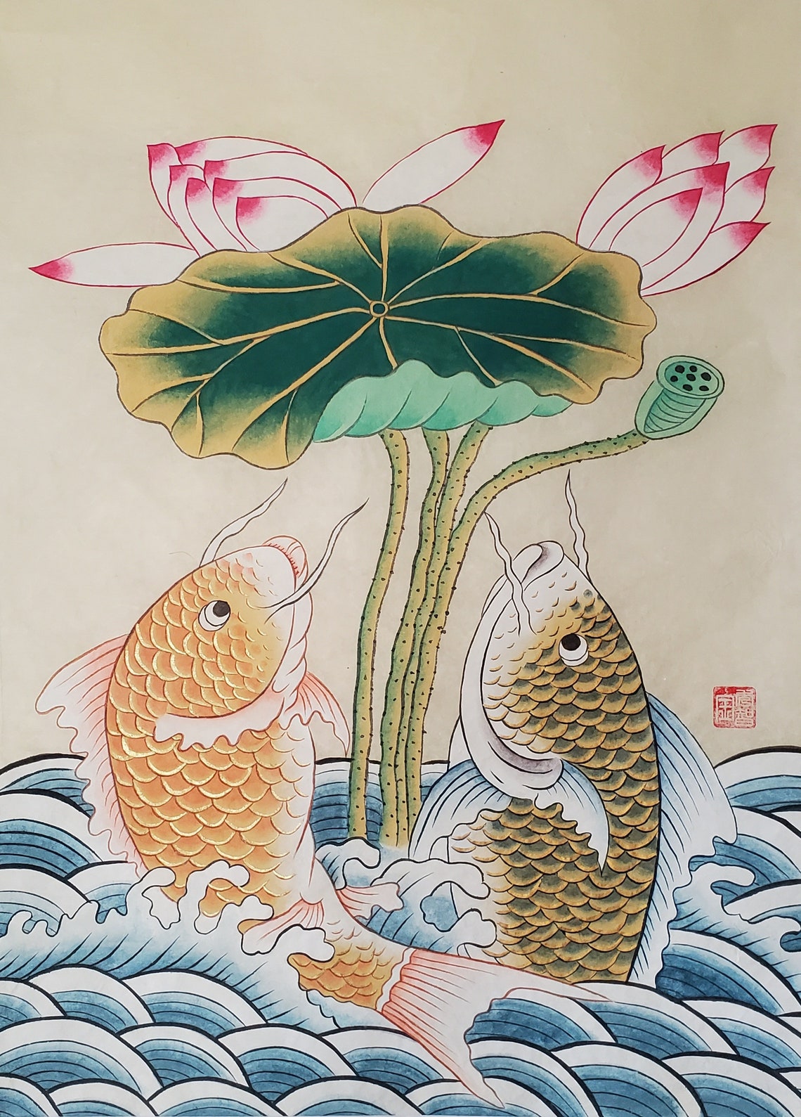 Korean Folk Painting. [minhwa] "lotus and Jumping Fish". *authentic ...