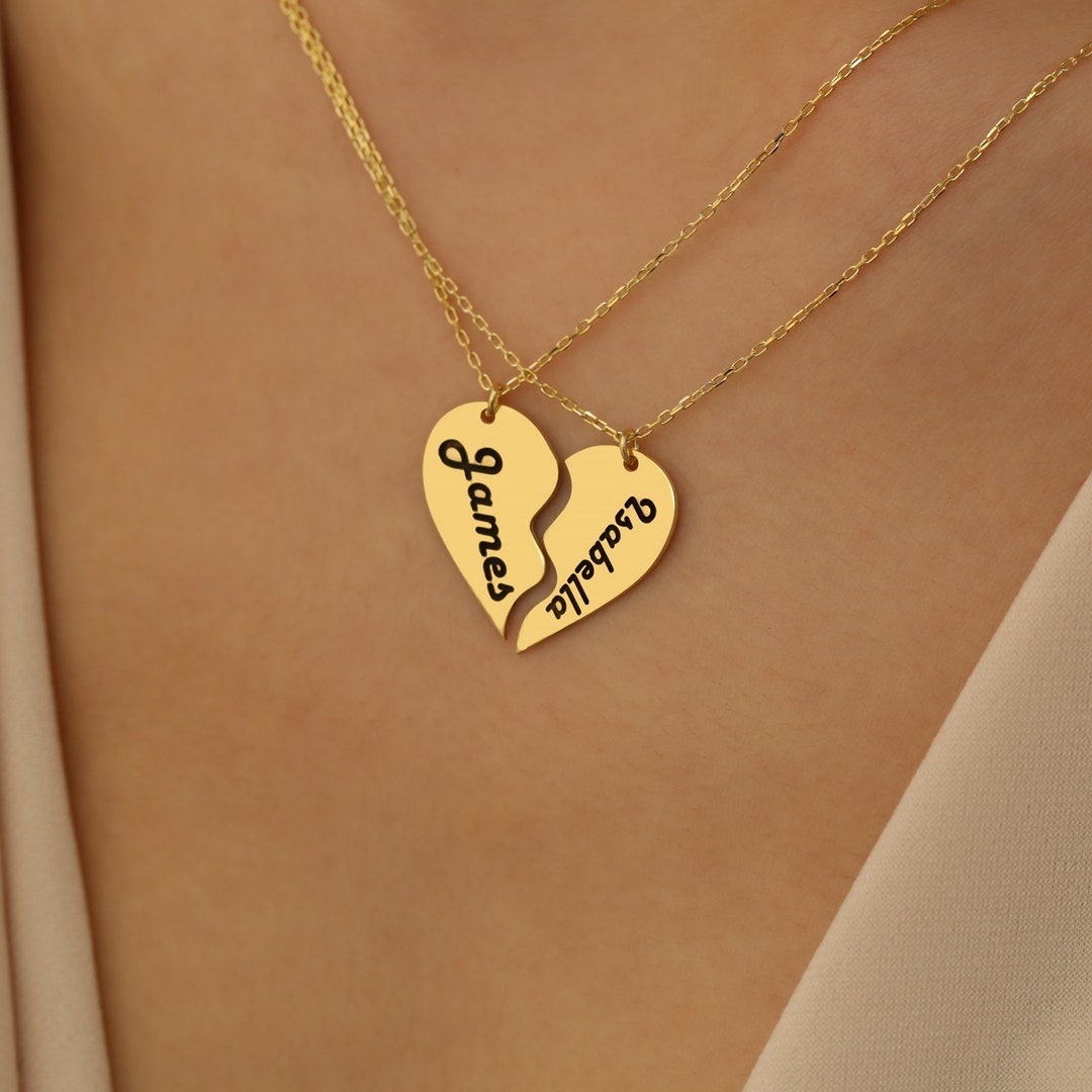 Personalized 14K Gold Plated Split Heart Necklace Set, Friends - Etsy