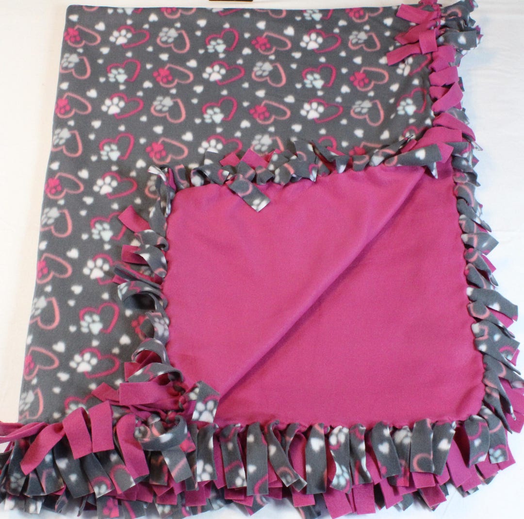 Pink Paws & Hearts on Gray | 58X70 | Double Thick Fleece Tied Blanket ...