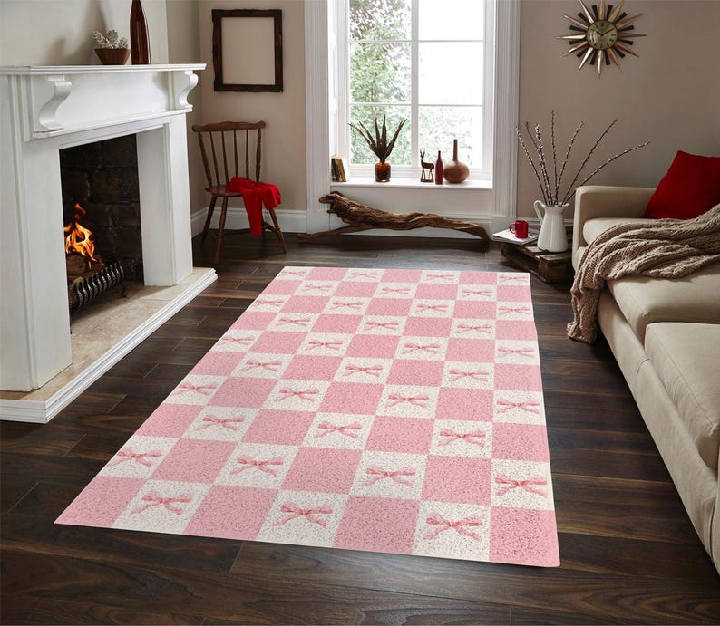 Pink Checkered Rug Coquette Room Decor Pink Birthday Gift for Her Room ...
