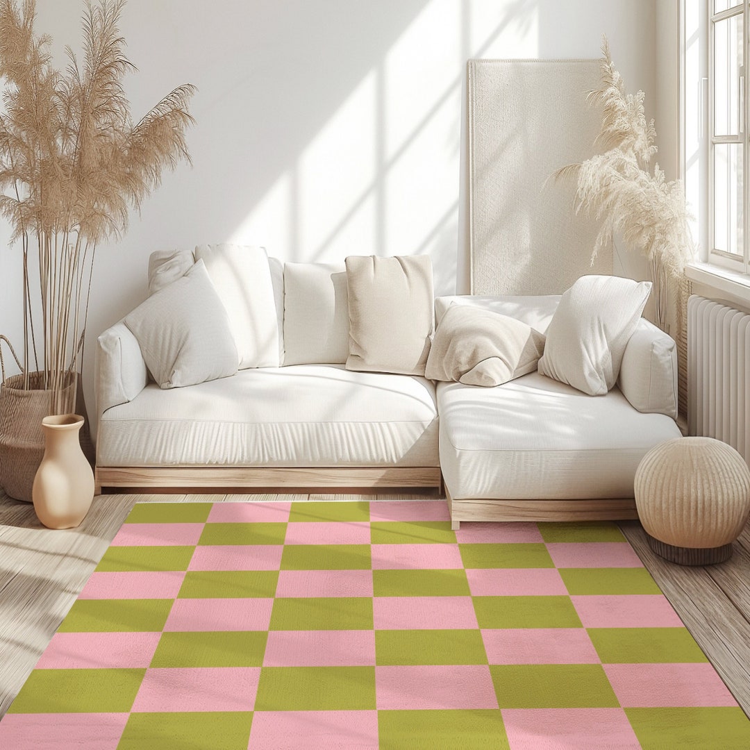 Pink and Green Checkered Rug, Checkerboard Rug Soft Retro Rug for Home ...