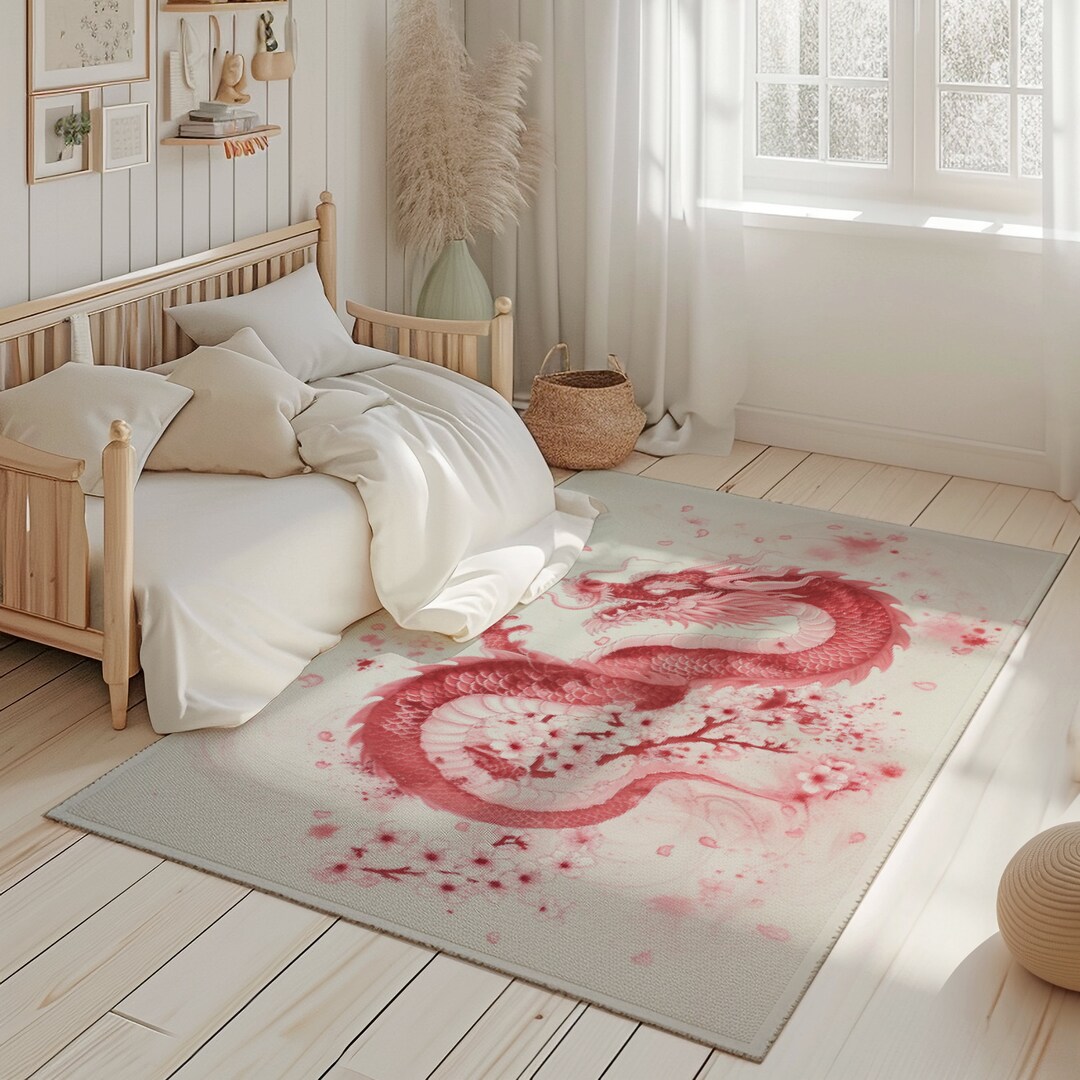 Cherry Blossom Chinese Dragon Rug, Hypebeast Rug, Washable Rug, Cool ...