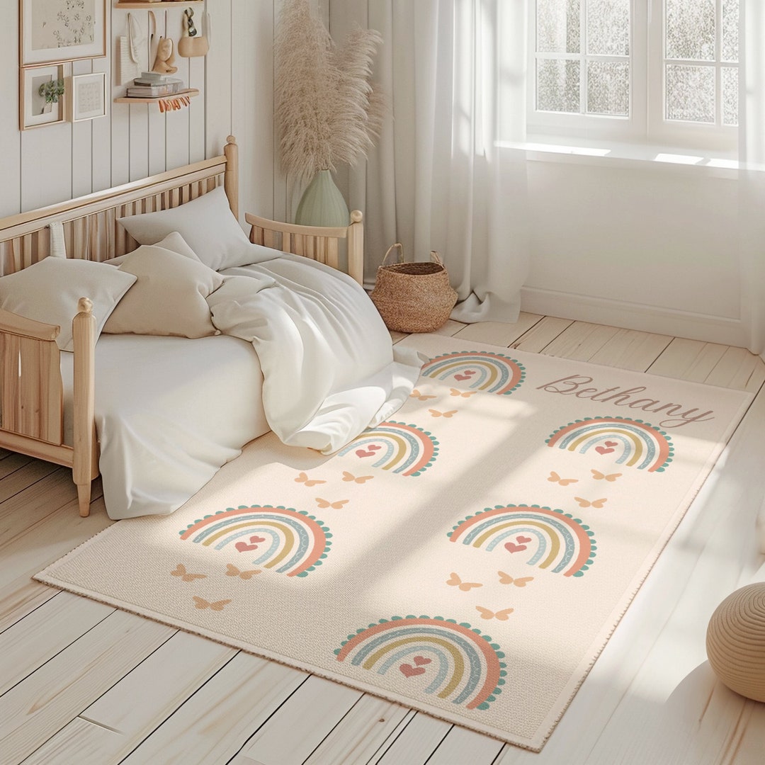 Custom Name Boho Rainbow Butterfly Girls Rug, Nursery Rug Gift, Non ...