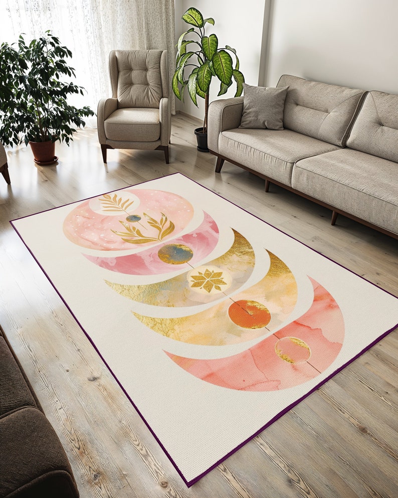 Boho Moon Phase Rug Whimsigoth Decor Pink and Gold Rug Moody Area Rug ...