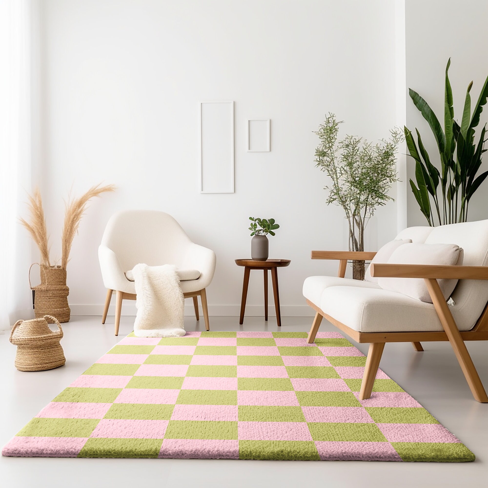 Pink and Green Checkered Rug, Checkerboard Rug Soft Retro Rug for Home ...