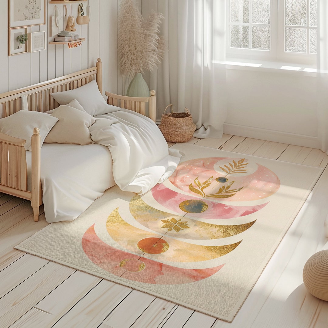 Boho Moon Phase Rug Whimsigoth Decor Pink and Gold Rug Moody Area Rug ...